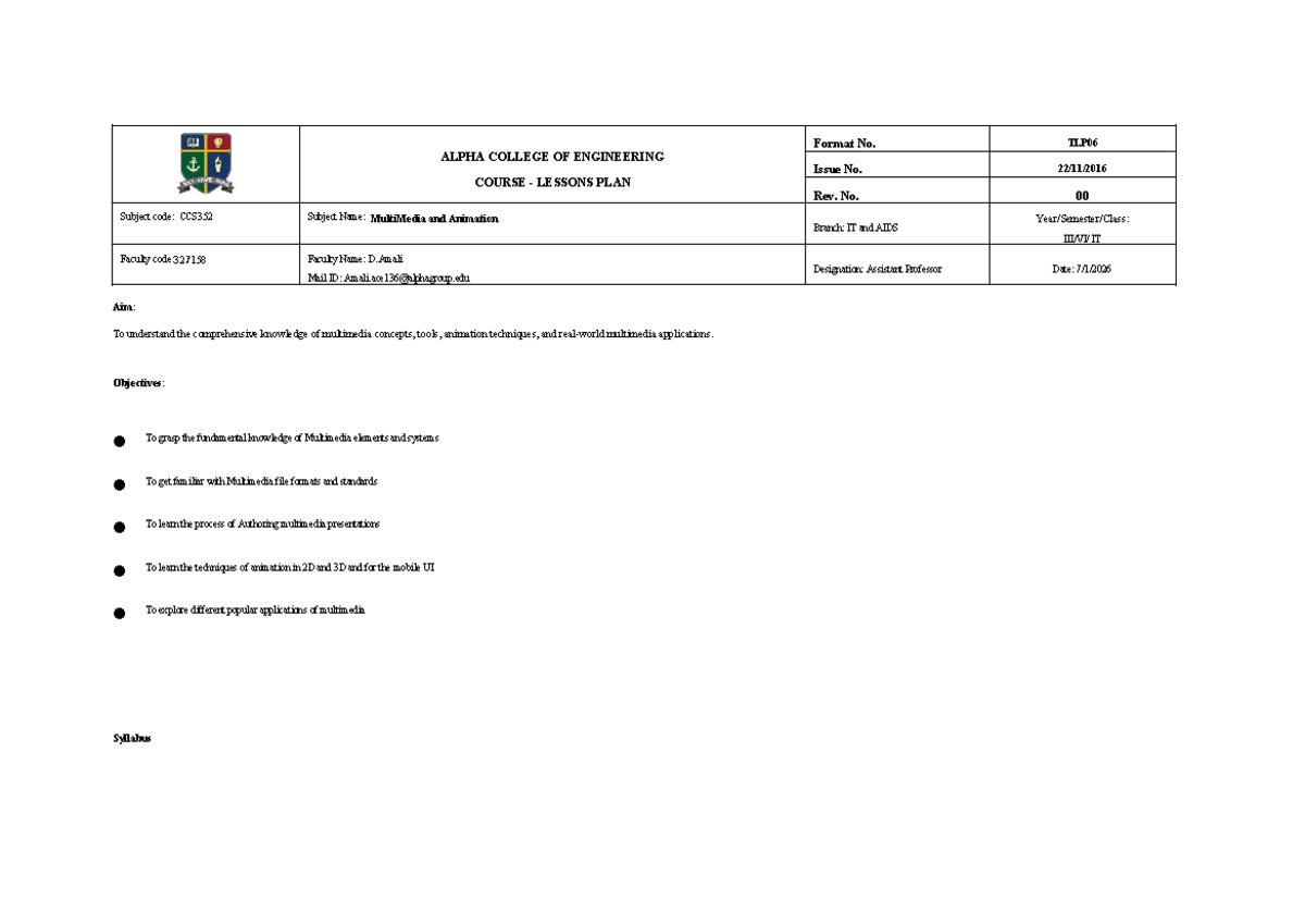 CCS352 Multimedia and Animation Course Lesson Plan - Studocu