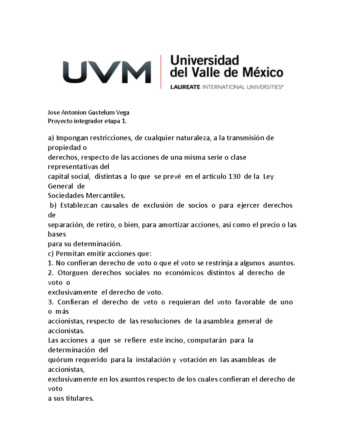 Derecho mercantil proyecto integrador - Jose Antonion Gastelum Vega Proyecto integrador etapa 1 ...
