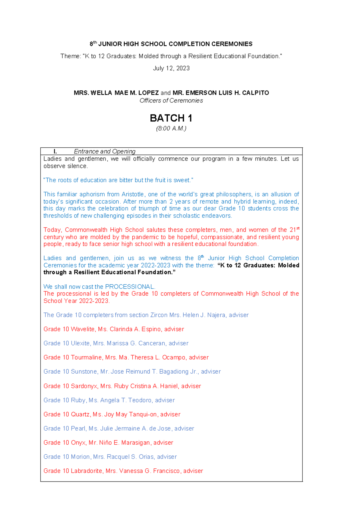 8th JHS Completion Ceremonies Emcee Script - July 12, 2023 - Studocu