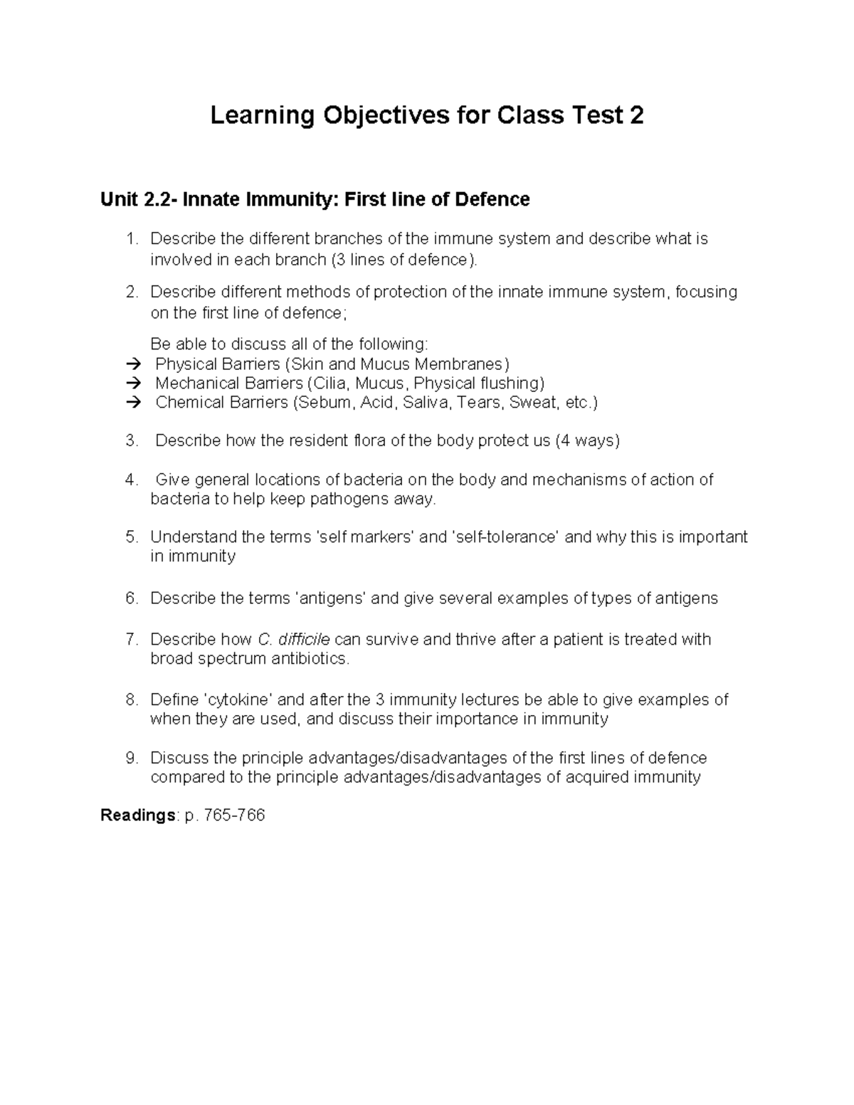 Objectives for Class Test 2: Innate & Adaptive Immunity Overview - Studocu