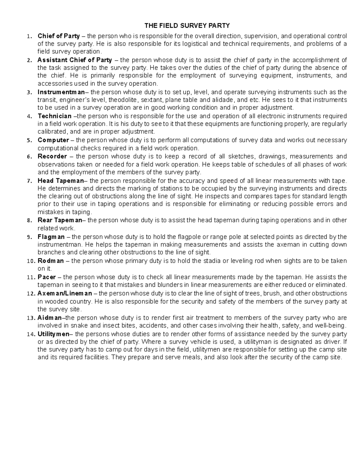 Field Survey Party Roles and Responsibilities Overview - Studocu