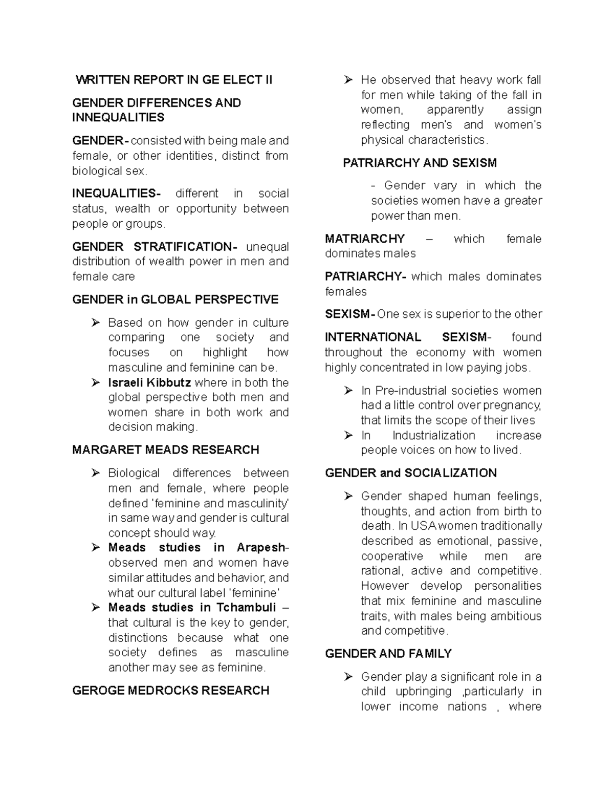 Gender differences and inequalities in GE Elect II: A comprehensive analysis - Studocu