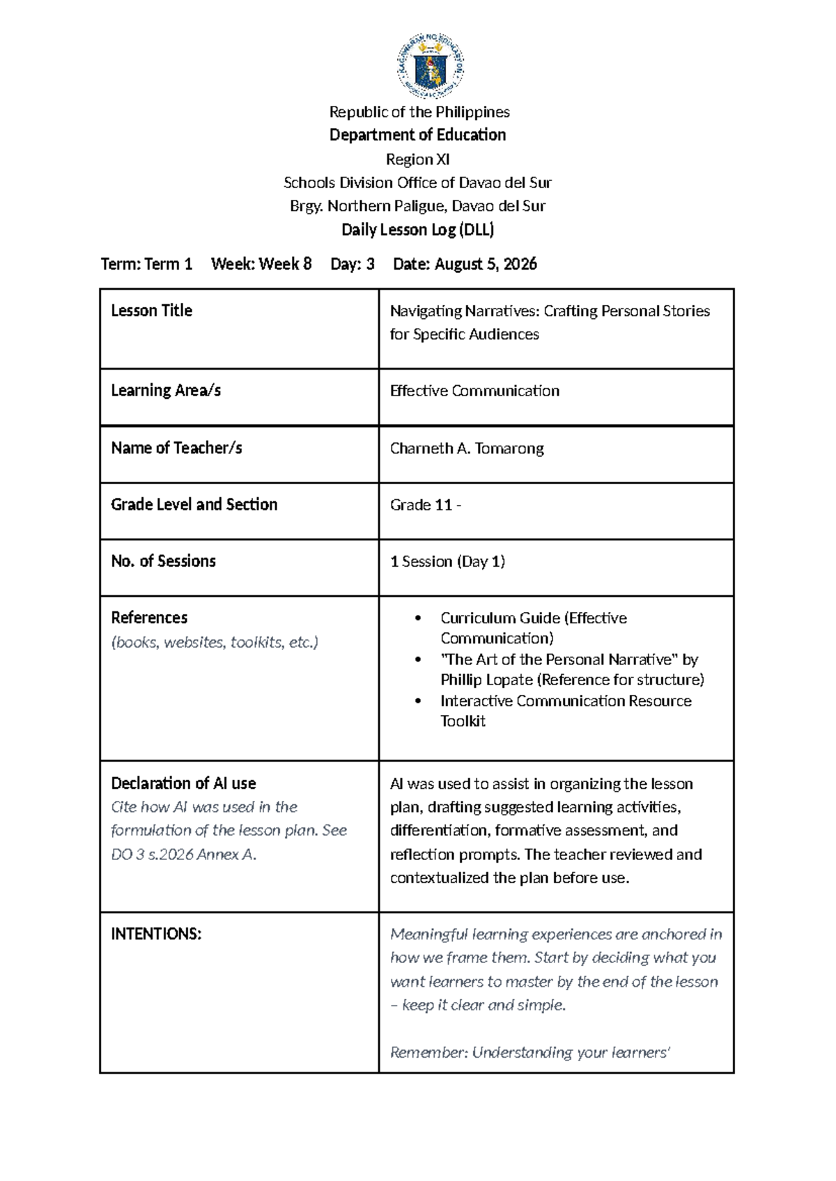 Master Teacher Lesson Plan (12): Navigating Narratives in Effective ...