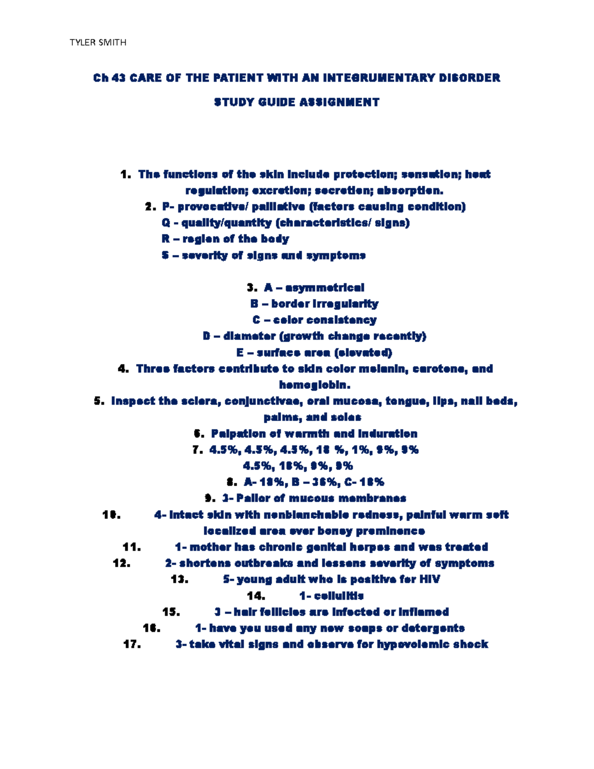 Ch 43 study guide answers cooper and gosnell - TYLER SMITH Ch 43 CARE ...