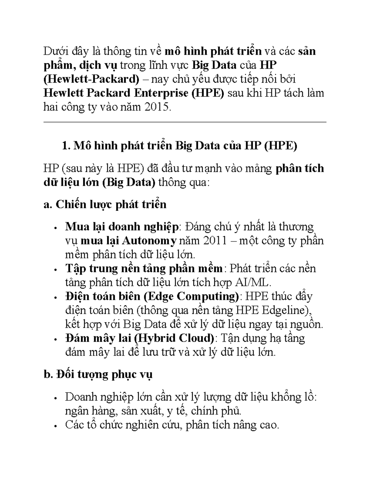 Mô Hình Phát Triển & Dịch Vụ Big Data của HPE (HP) - Studocu