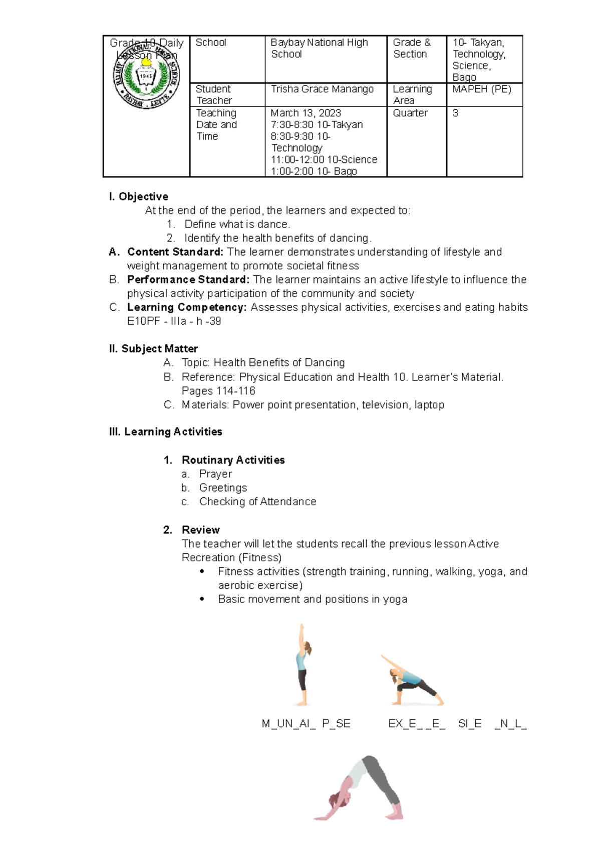 PE1 LP - Grade 10 MAPEH Lesson Plan on Health Benefits of Dancing - Studocu