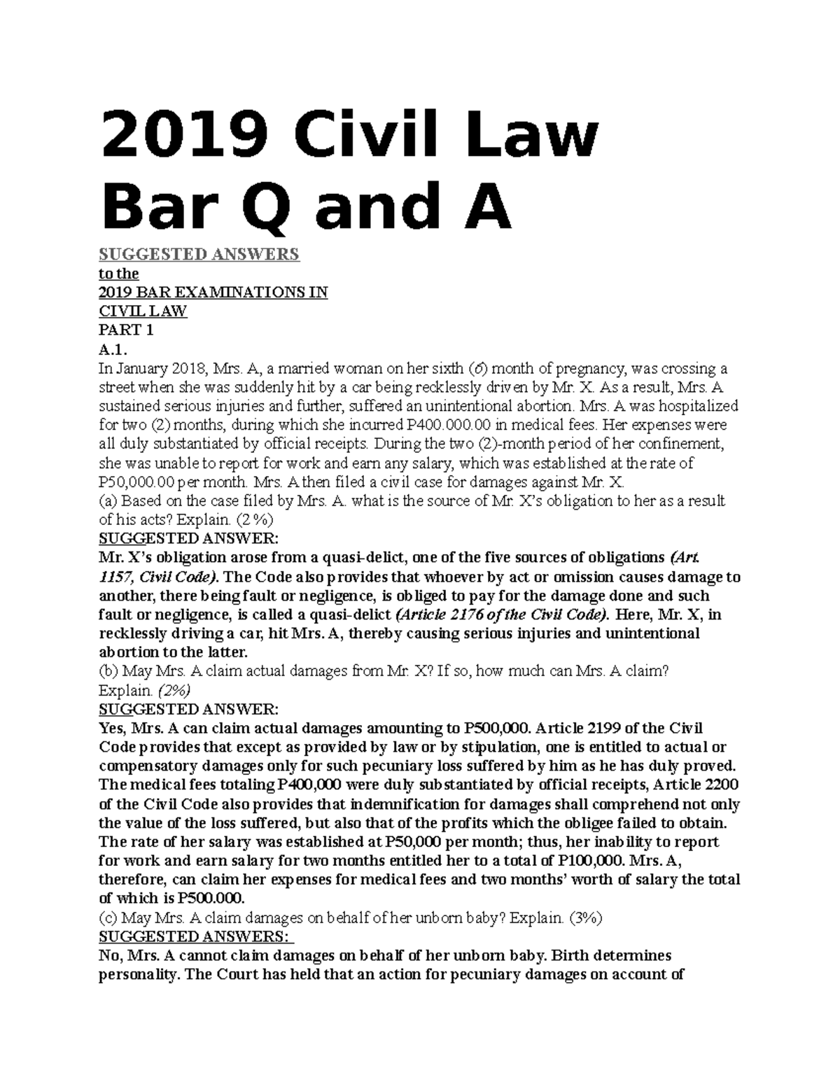 2019 Civil Law Bar Exam Q&A with Suggested Answers - Studocu