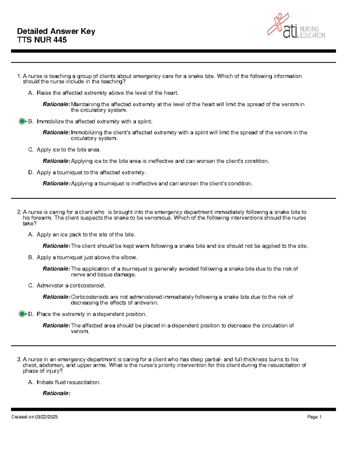 TTS NUR 445 Detailed Answer Key for Emergency Care Scenarios - Studocu