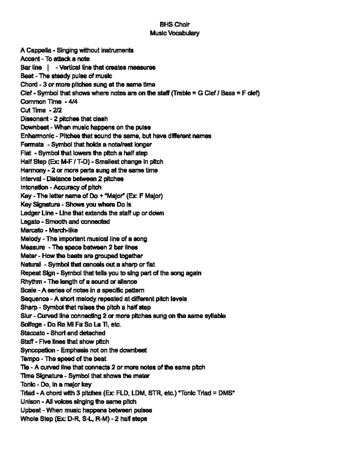 BHS Choir Vocabulary Guide: Key Music Terms & Definitions - Studocu