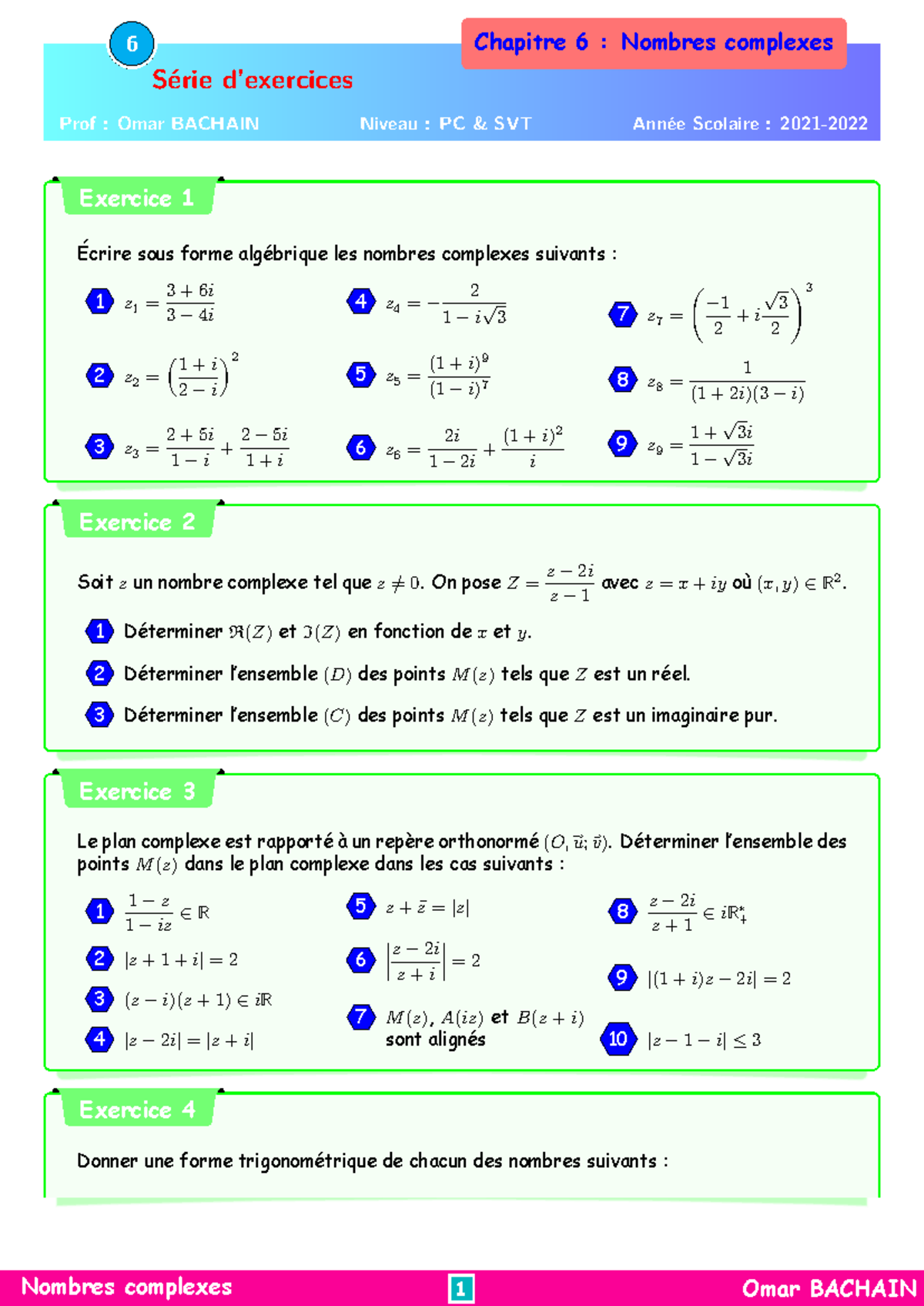 Série de Nombres Complexes - Exercice et Résolutions (BAC) - Studocu