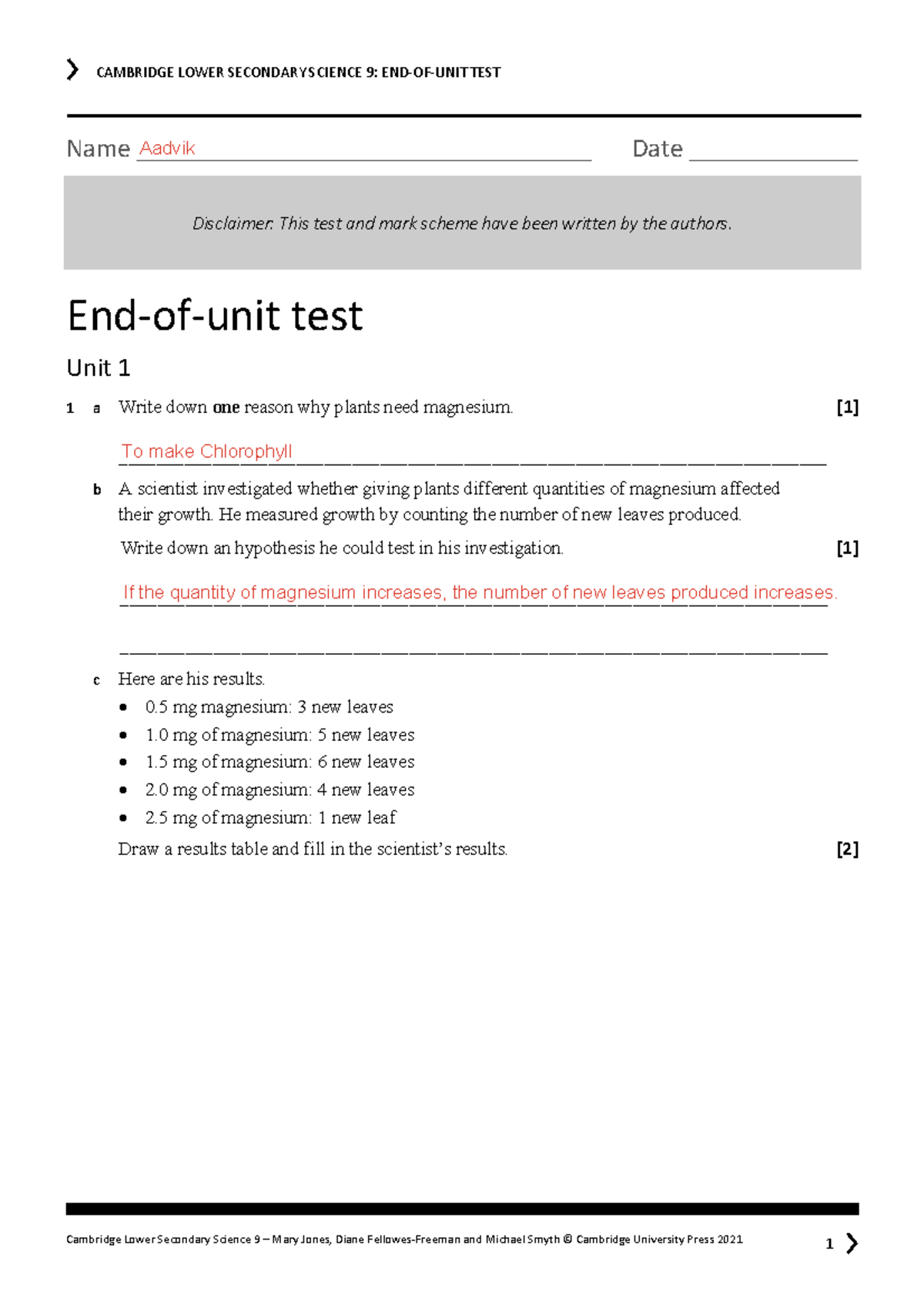 S9 Cambridge Lower Secondary Science 9: Unit 1 Test Results - Studocu