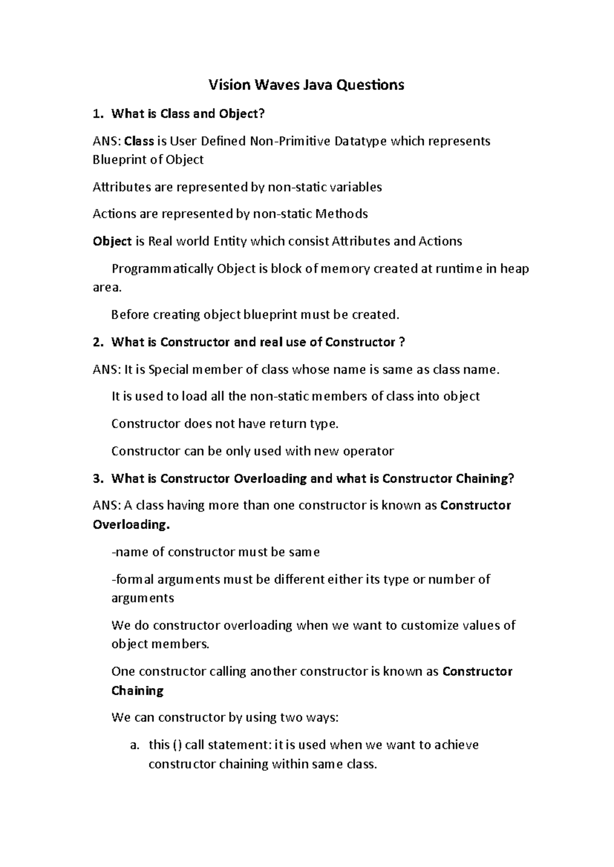 Vision Waves Java Q&A Insights for Understanding Concepts - Studocu