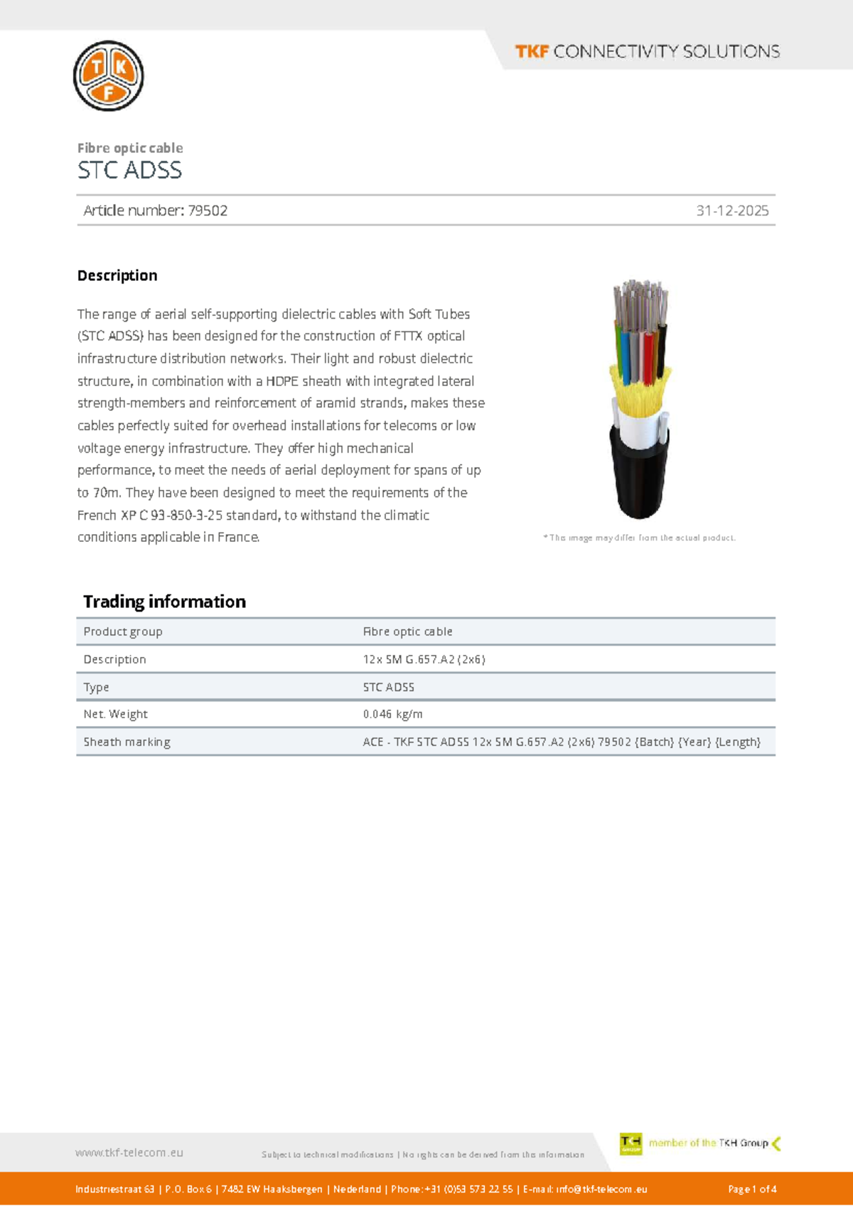 TKF STC ADSS Fibre Optic Cable Technical Specifications and Info - Studocu