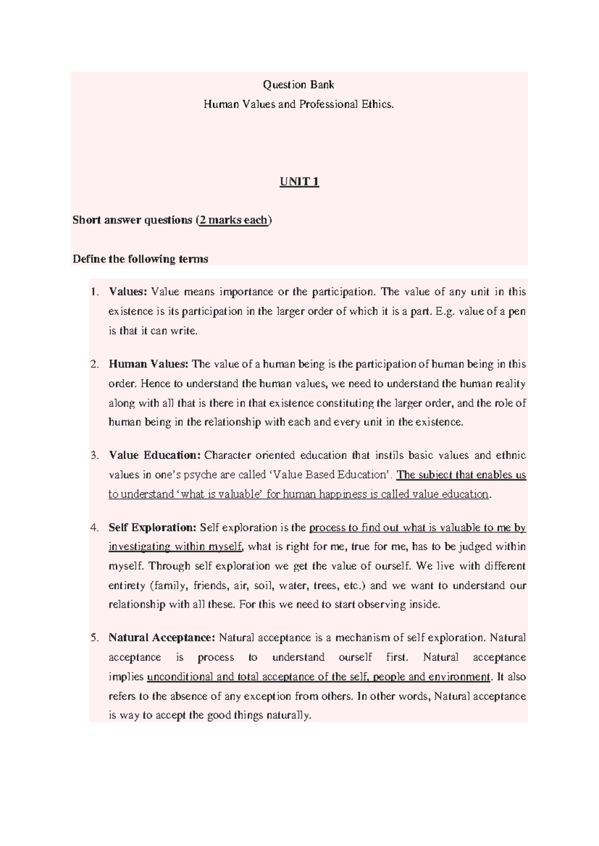 Question Bank: Human Values and Professional Ethics (BTech) - Unit 1 ...