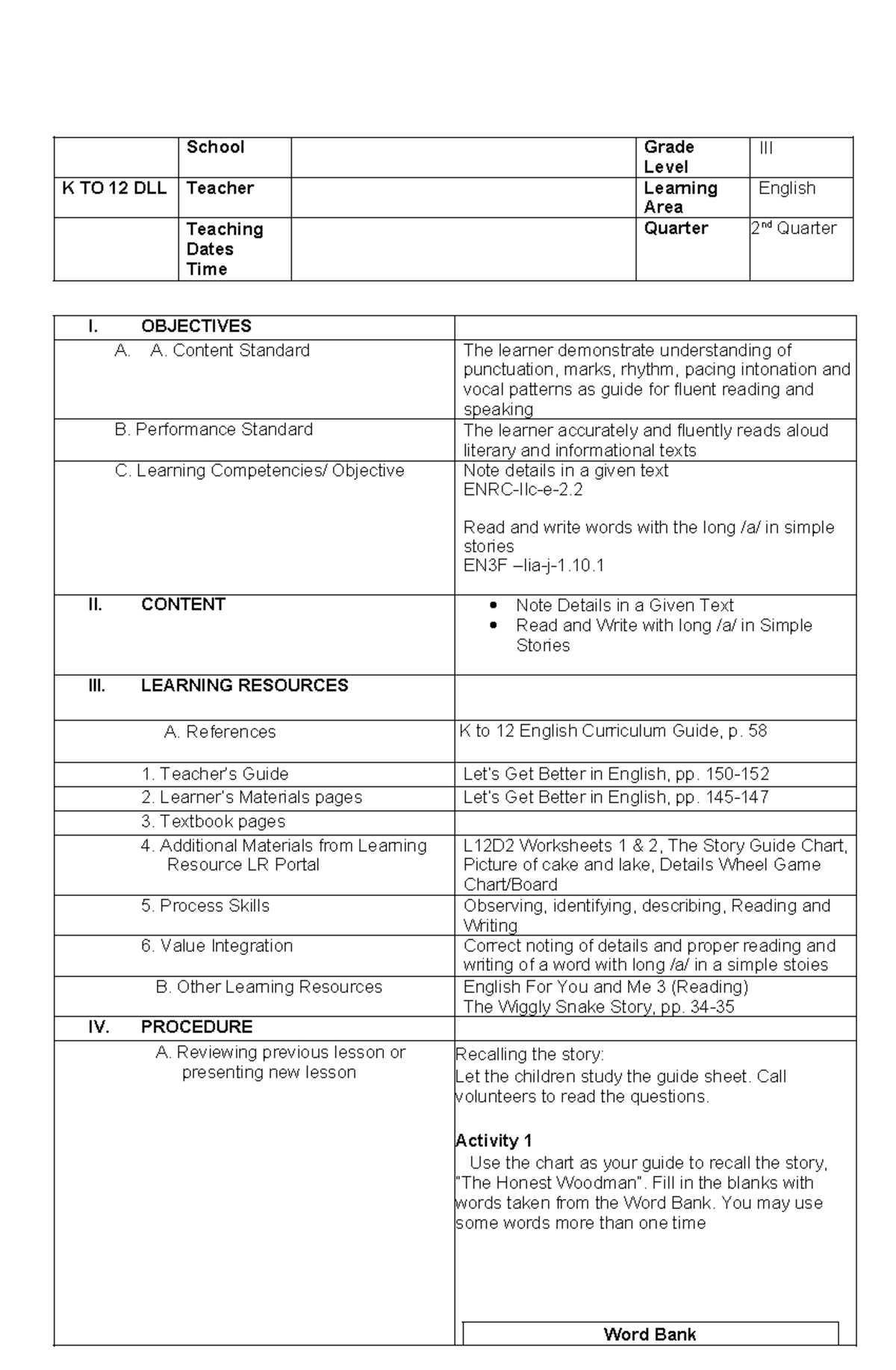 Detailed Lesson Plan (DLL) in English: Noting Details & Long /a/ Sound ...