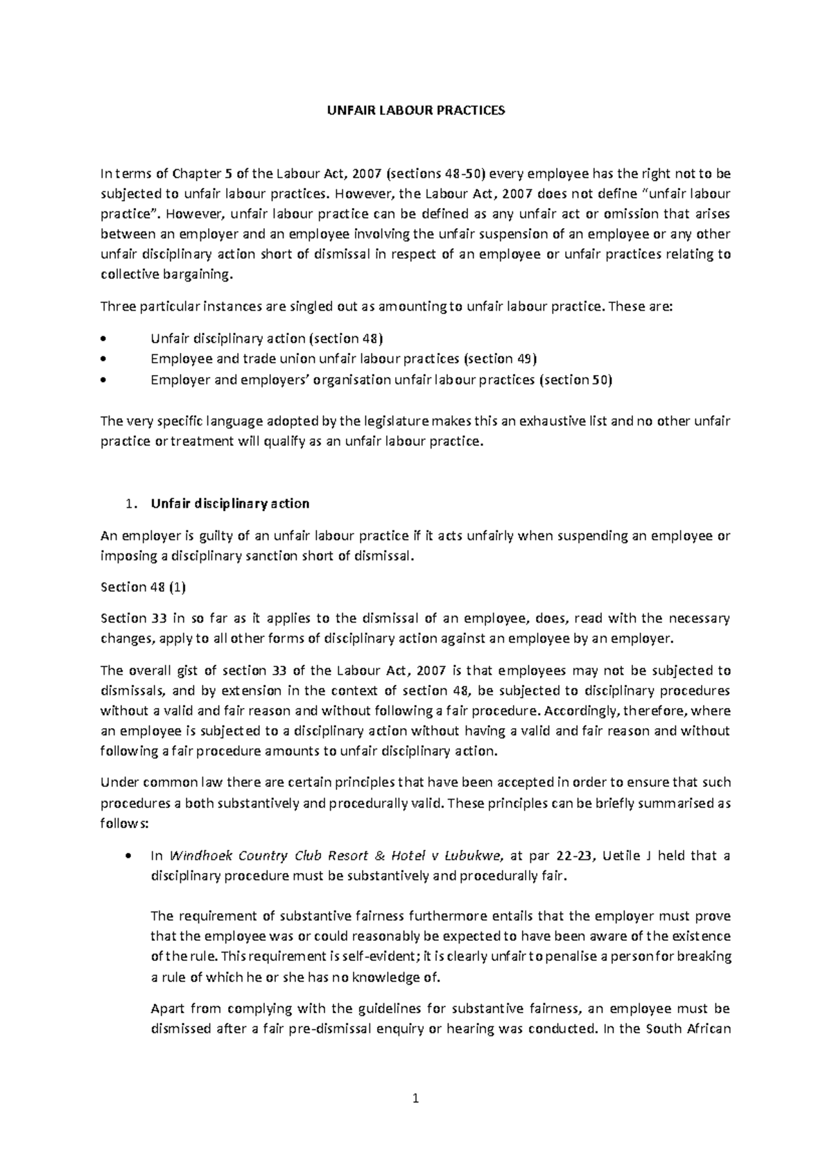 Labour Law Overview: Unfair Labour Practices in Namibia (Labour Act ...