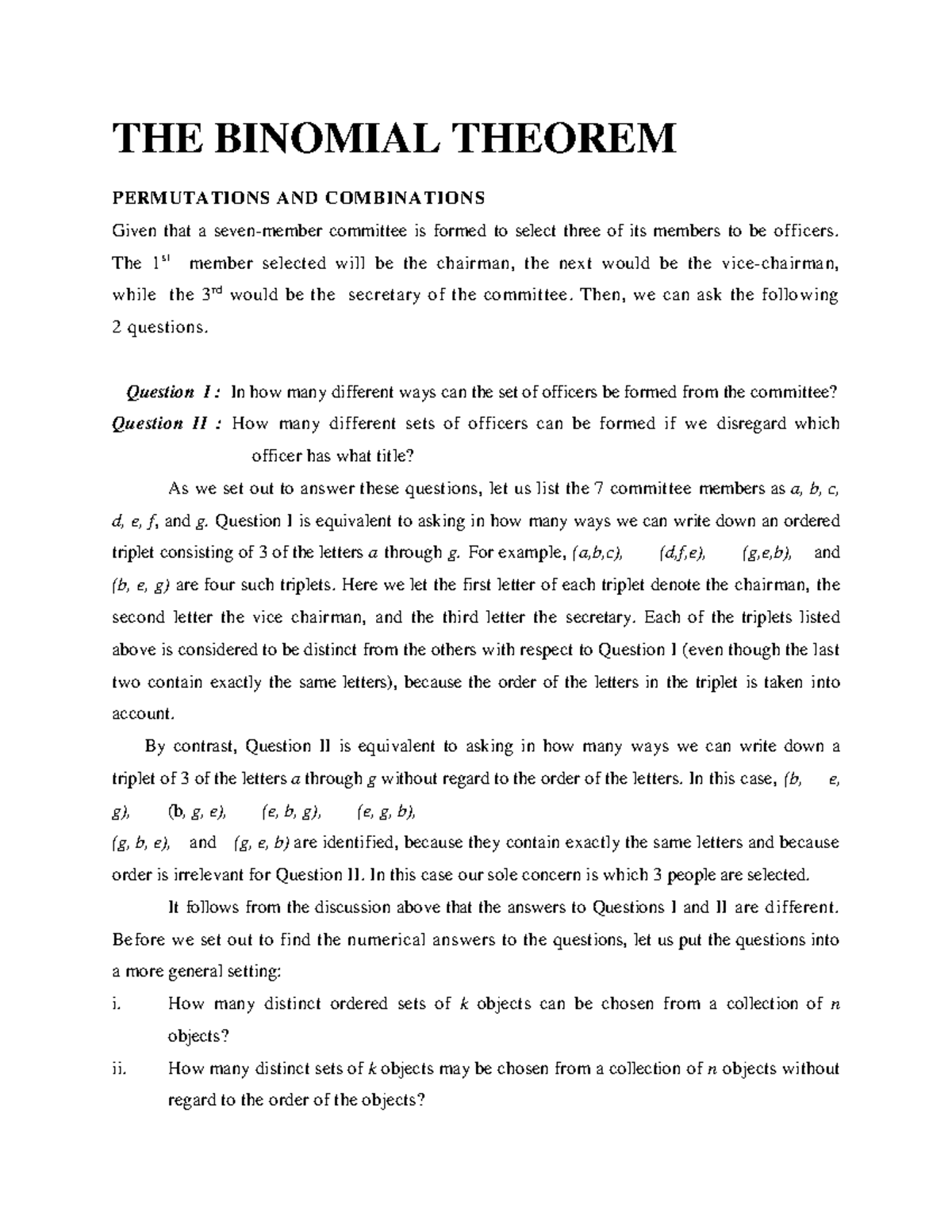 Binomial Theorem: Permutations & Combinations in Officer Selection - Studocu
