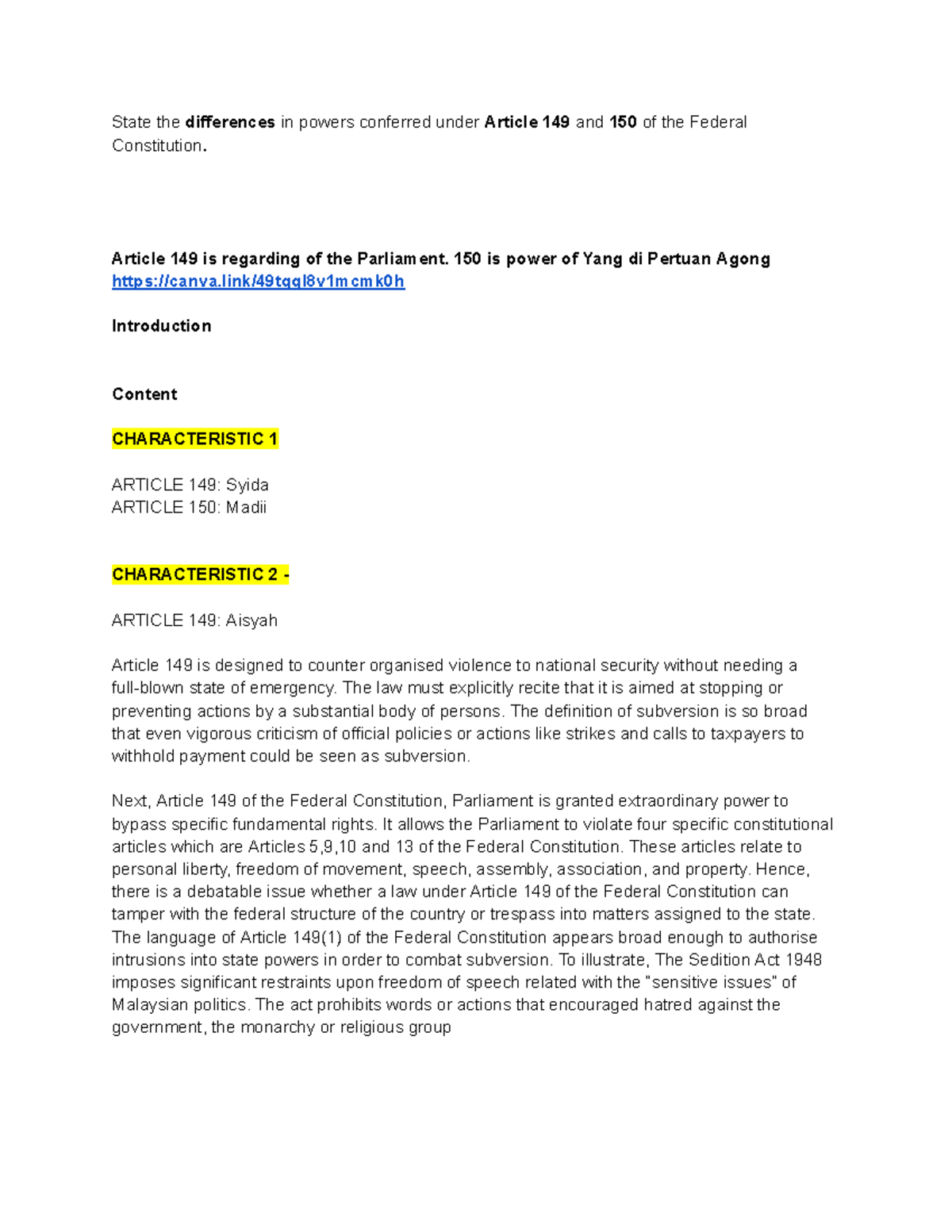 Differences in Powers Under Articles 149 & 150 of the Federal ...