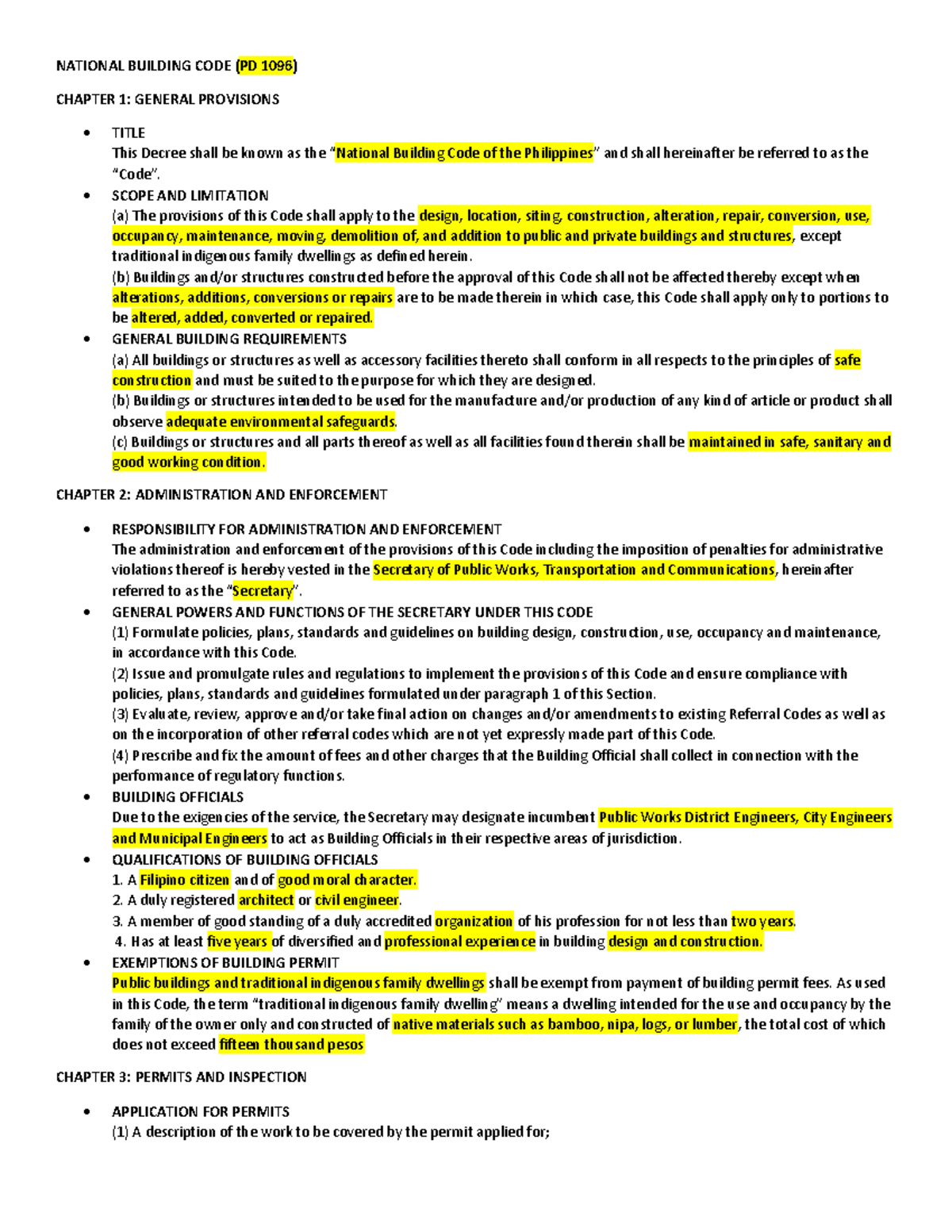 National Building Code Review (PD 1096) - Summary of Provisions - Studocu
