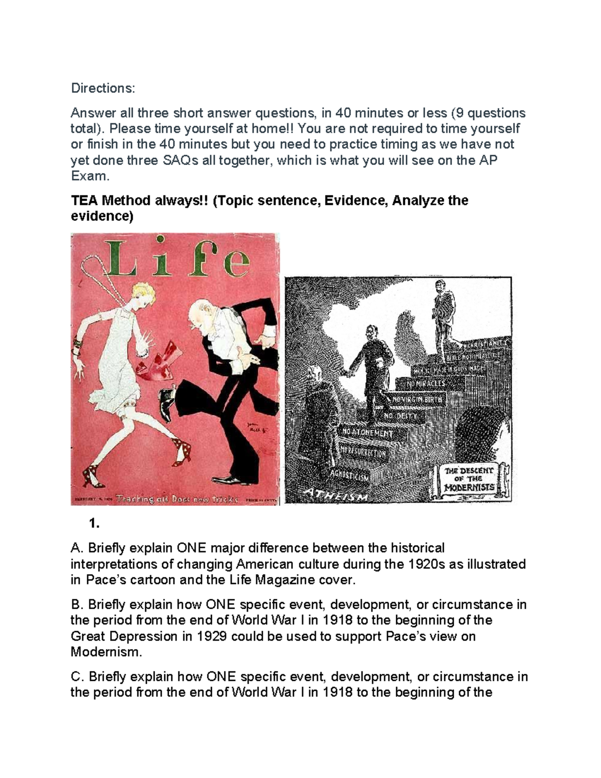 Roaring 20s and Great Depression SAQs - Directions: Answer all three ...