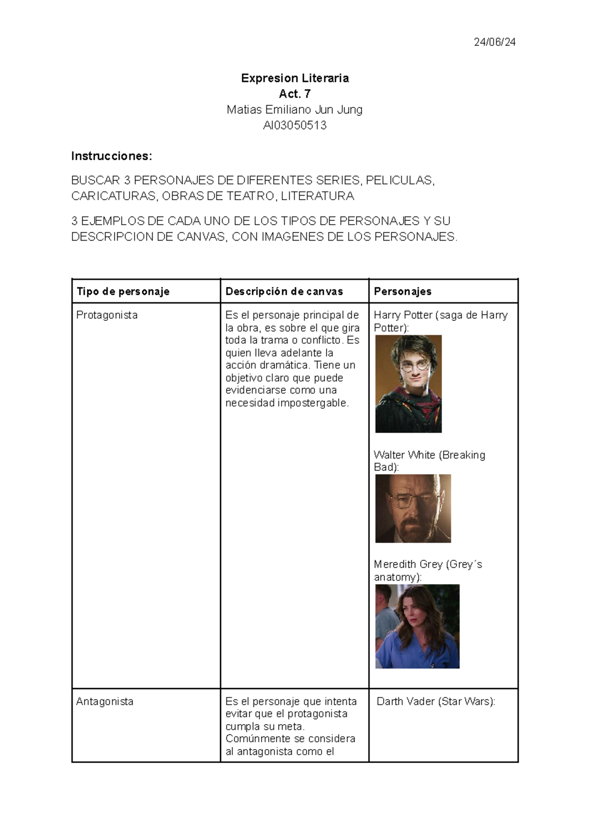 Act 7: Expresión Literaria - Análisis de Personajes en Obras - Studocu