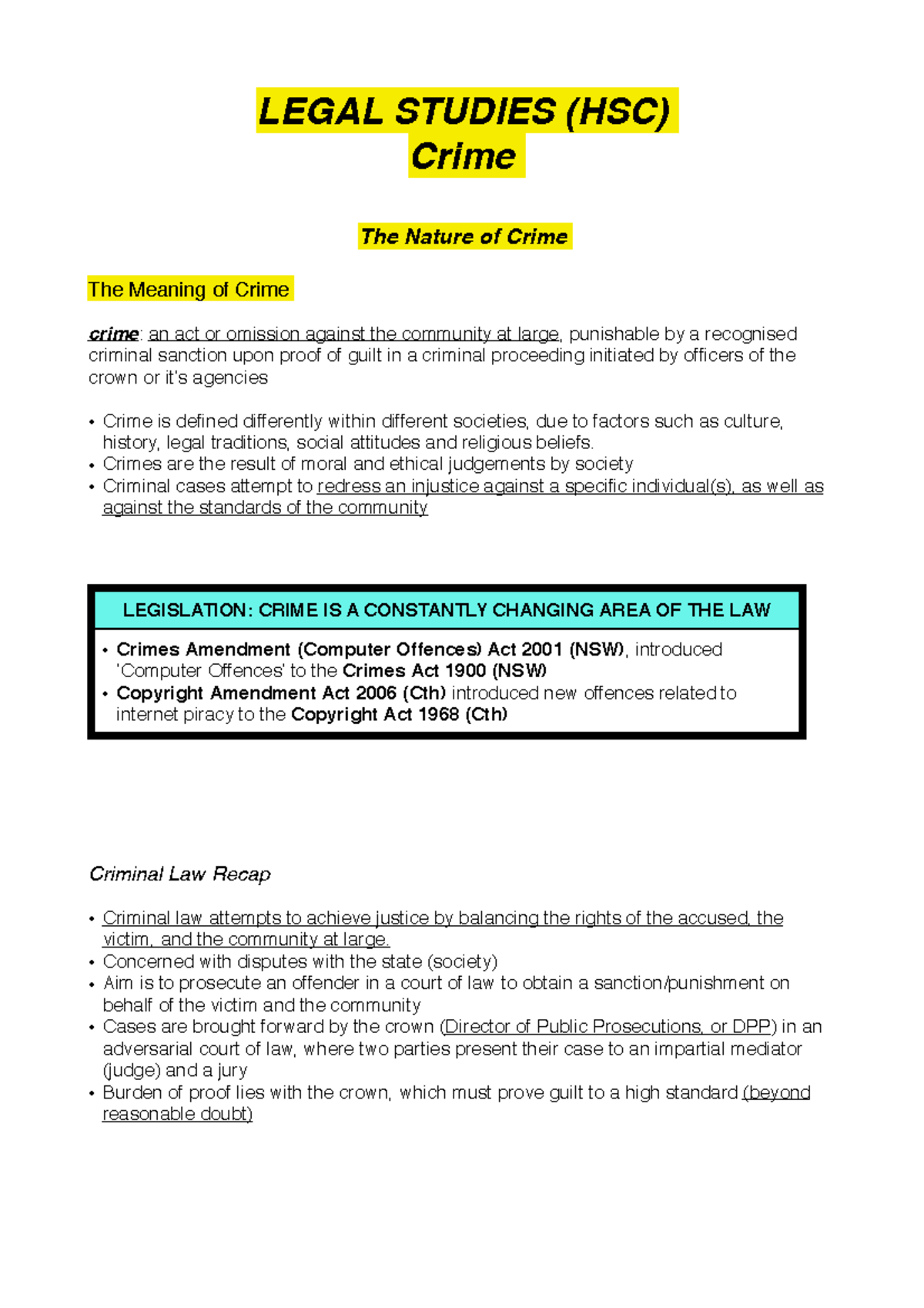 Core 1: Crime Study Notes (SR) - LEGAL STUDIES (HSC) Crime The Nature ...