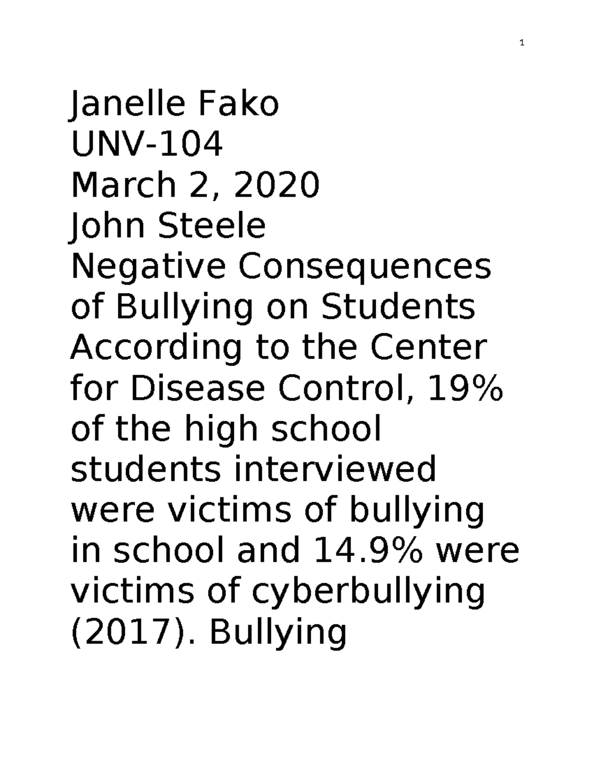 Week Seven Reflection - Janelle Fako UNV- March 2, 2020 John Steele ...
