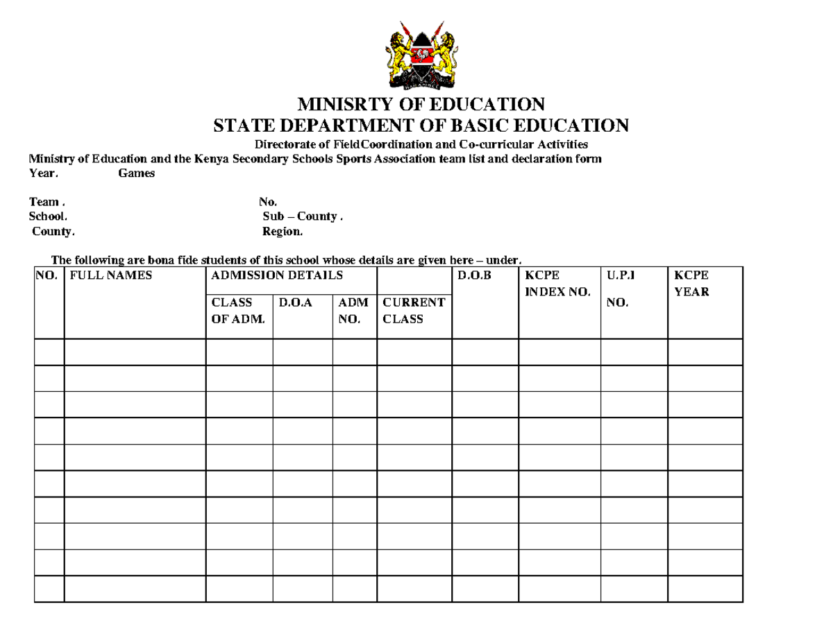 Games Declaration Form for Kenya Secondary Schools Sports Team - Studocu