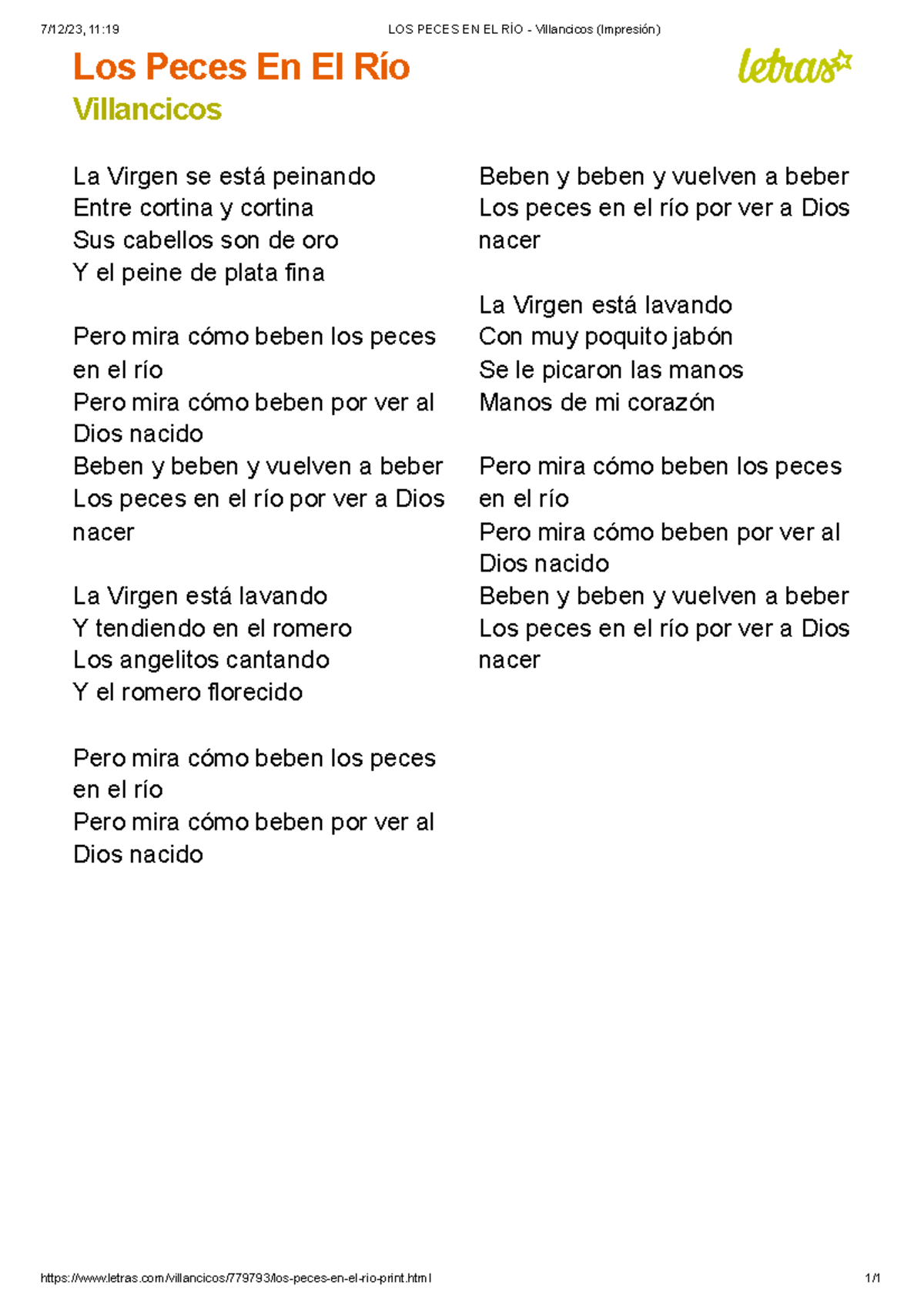 Villancico "Los Peces en El Río" - Letras y Análisis - Studocu