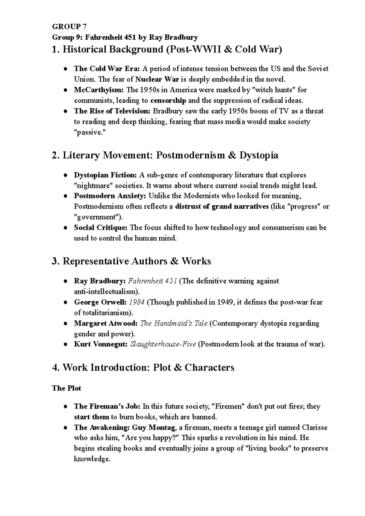 VHAM - Group 7 & 9: Analyzing Fahrenheit 451's Context & Themes - Studocu