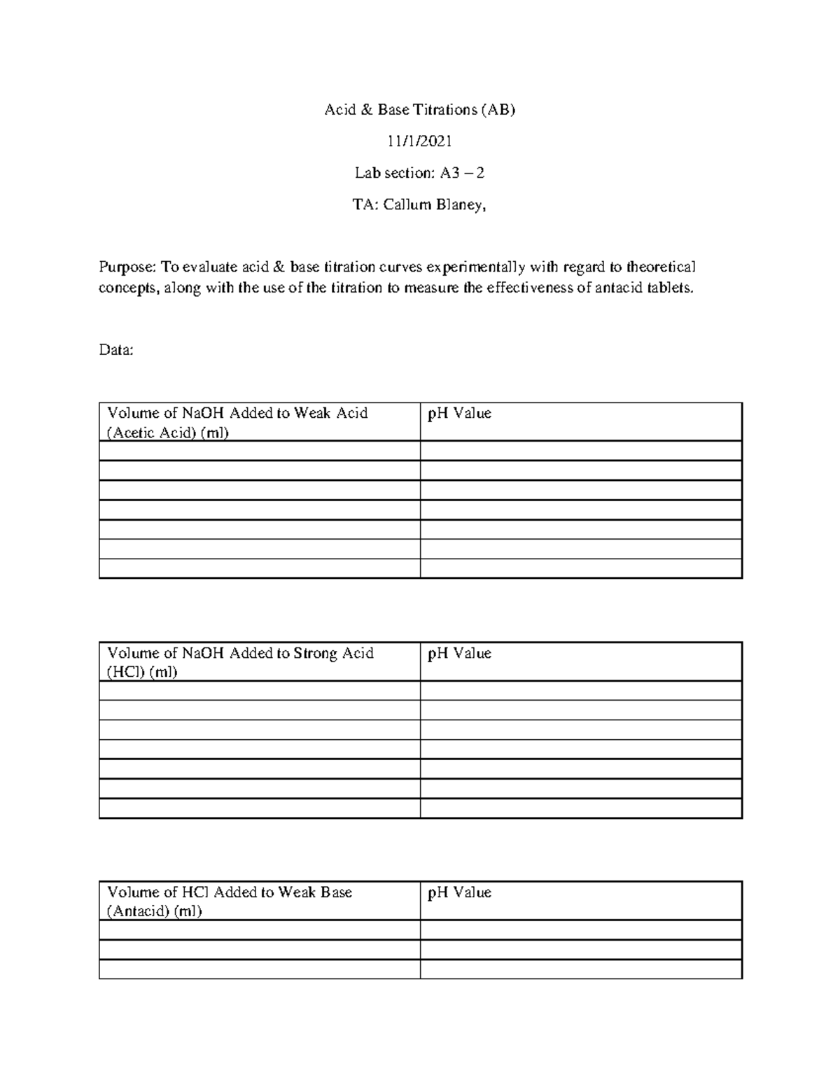 Prelab: Acid & Base Titrations for CHEM 1001 Lab Section A3 - Studocu