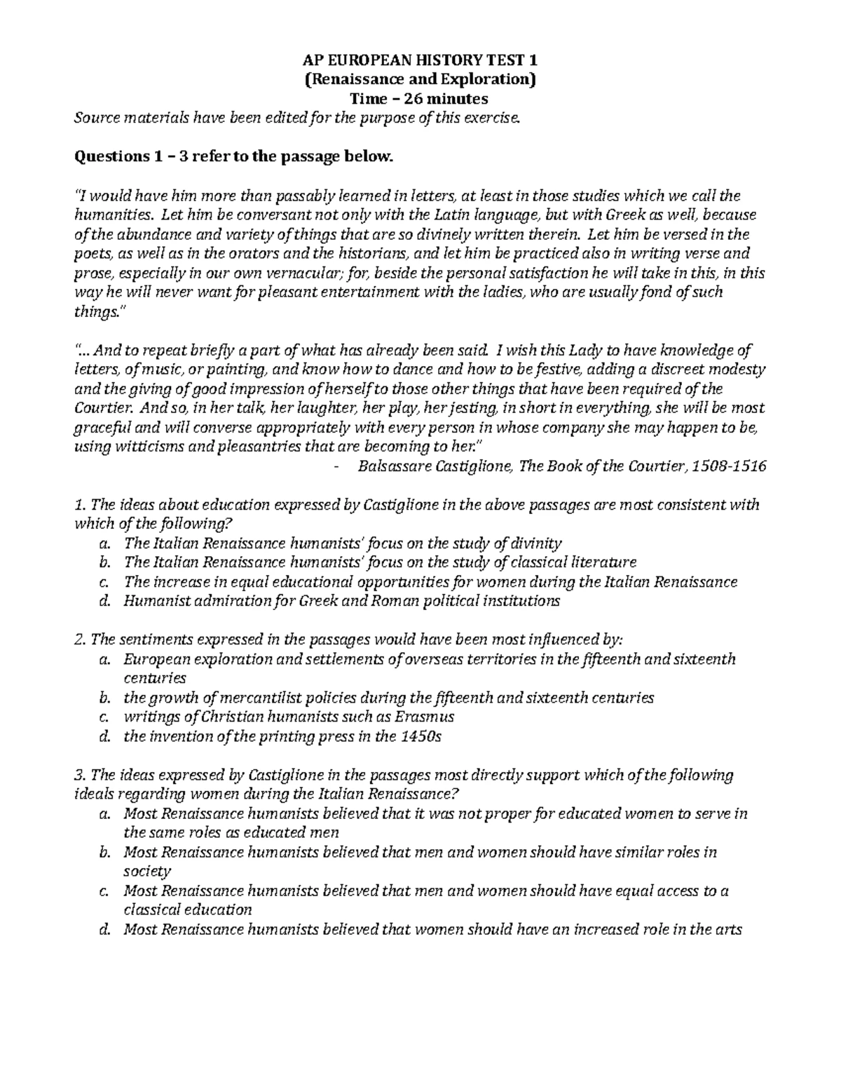 AP Euro - Unit 1 Test Review - All subjects AP European History: Unit 1 ...