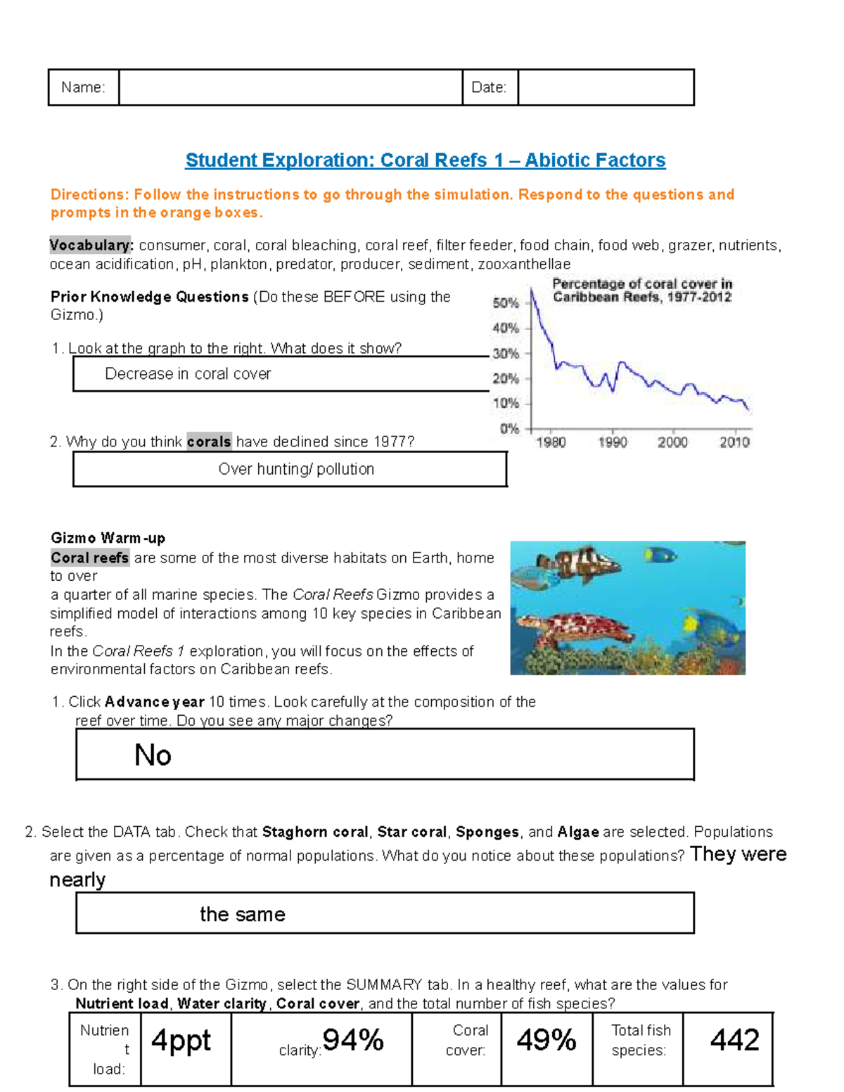 Coral Reefs Gizmo Exploration: Abiotic & Biotic Factors - Activity ...
