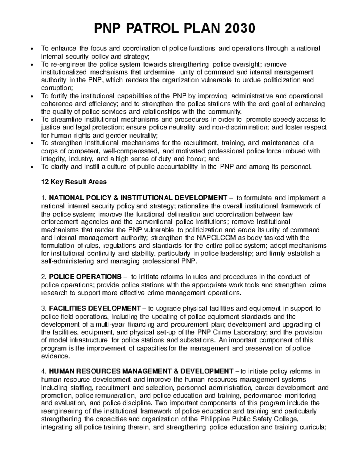 PNP Patrol Plan 2030: Enhancing Police Operations & Management - Studocu
