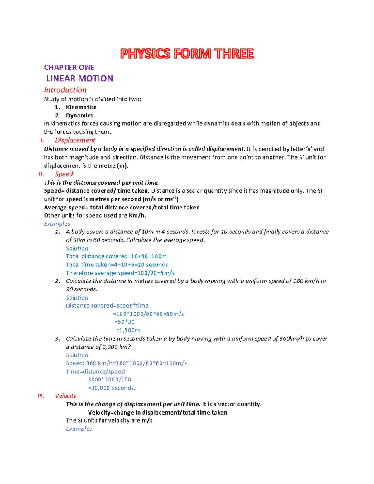 Physics Form 3: Comprehensive Notes on Linear Motion and Forces - Studocu