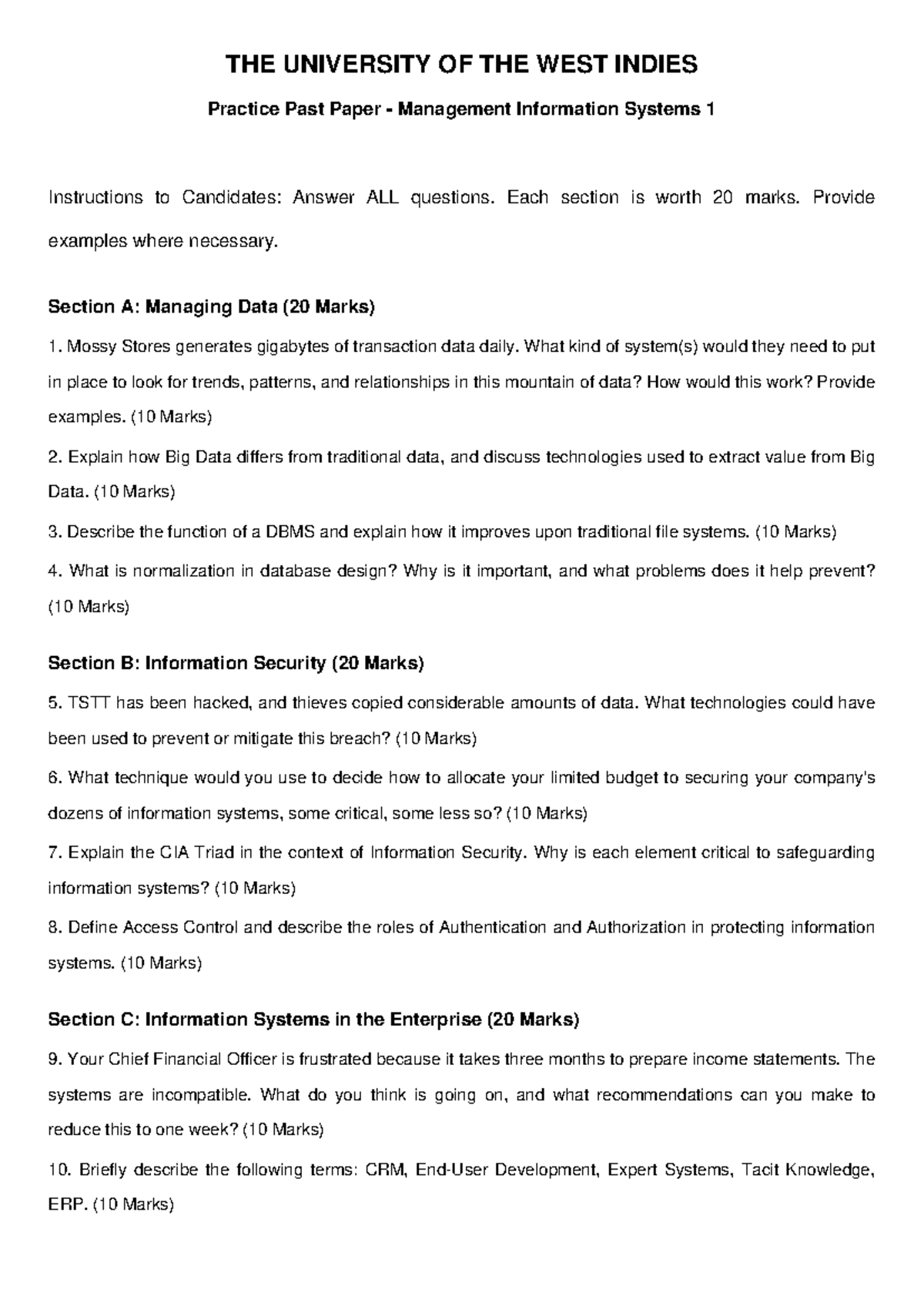 MIS 1 Practice Past Paper: Managing Data, Security & Enterprise Systems ...
