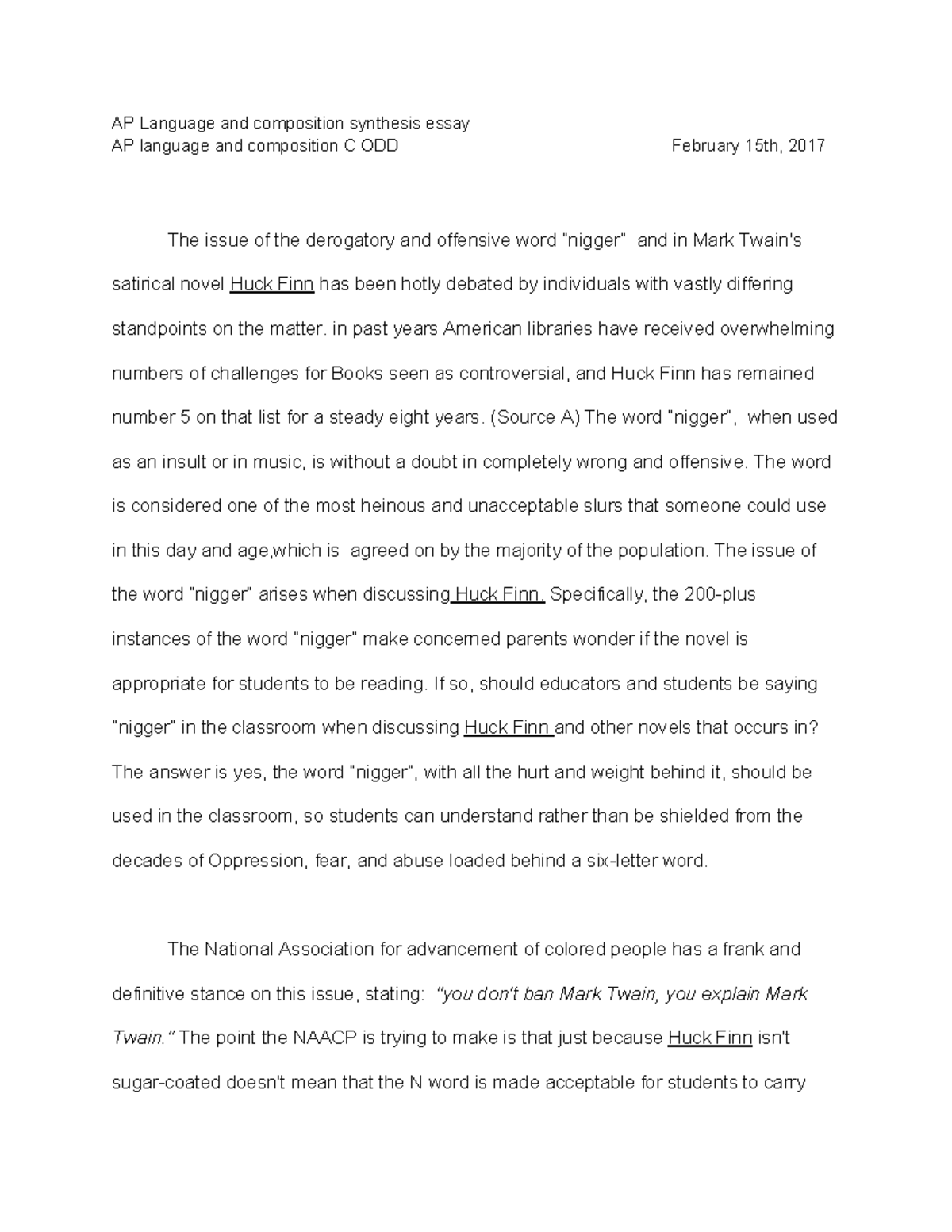 AP Lang C ODD Essay: Censorship and Racial Language in Huck Finn - Studocu