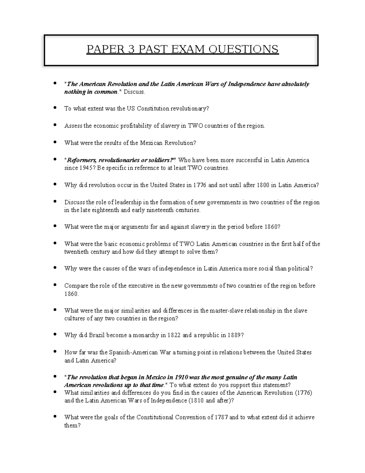 PAPER 3: Past Exam Questions on American Revolution & Latin America ...