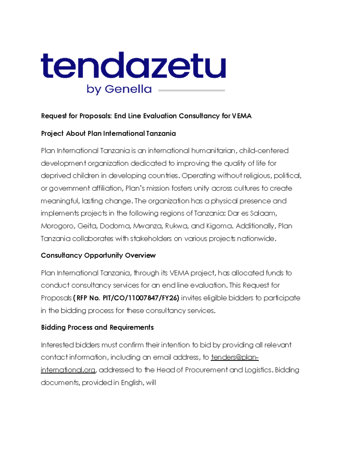 RFP for End Line Evaluation Consultancy: VEMA Project - PLAN - Studocu