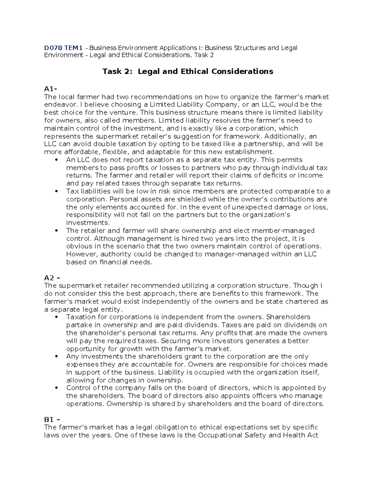 D078 Task 2 - passed - D078 TEM1 - Business Environment Applications I ...