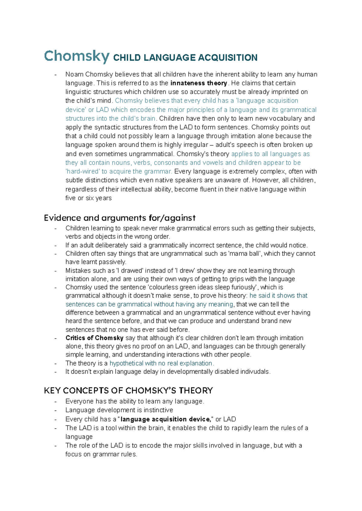 Chomsky CLA Theory: Innateness & Language Acquisition Insights - Studocu