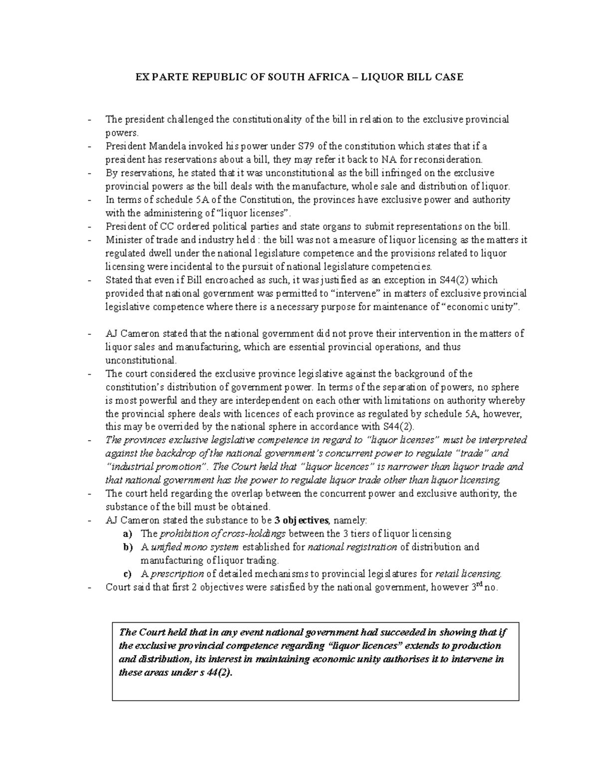 Liquor Bill Case Summary - Constitutional Challenges in SA - Studocu