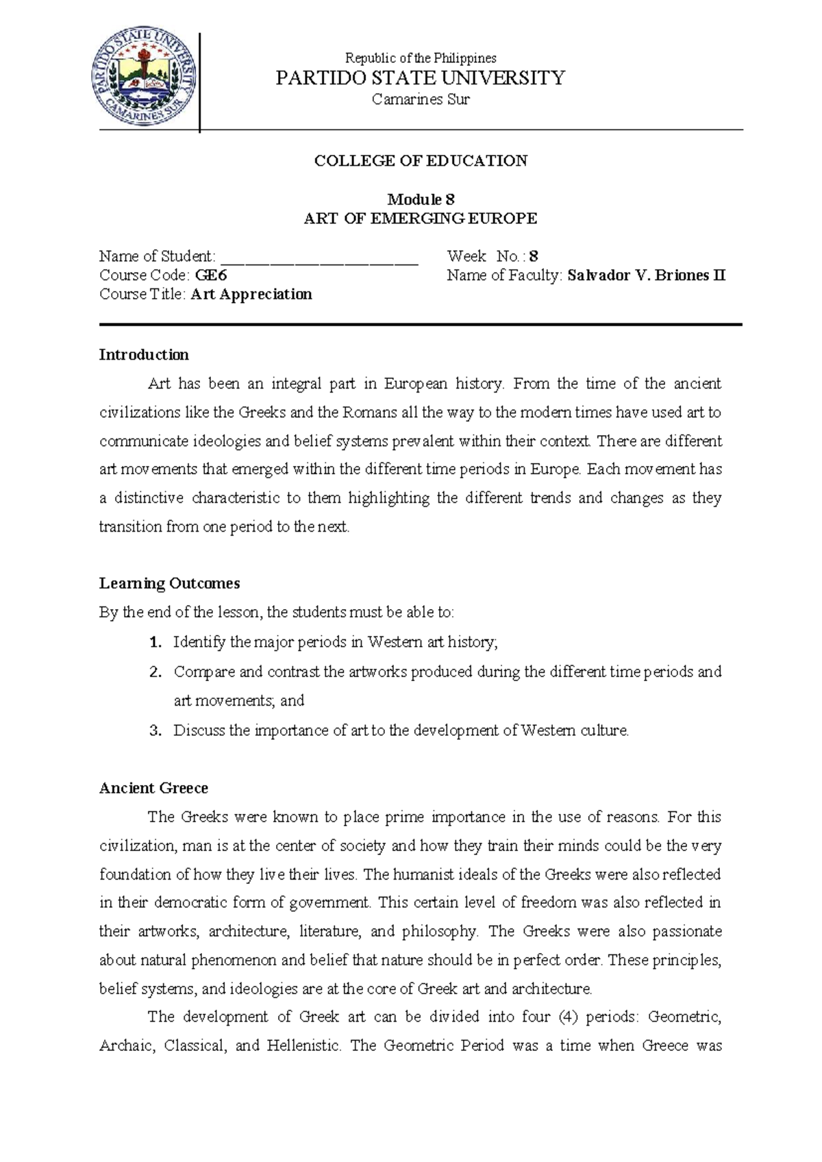 Module 8 - Art of Emerging Europe (GE6) - Art Appreciation Notes - Studocu