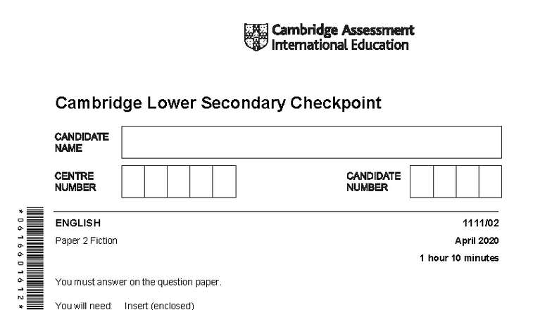 Cambridge Lower Secondary Checkpoint English 1111 Paper 2 Fiction April ...