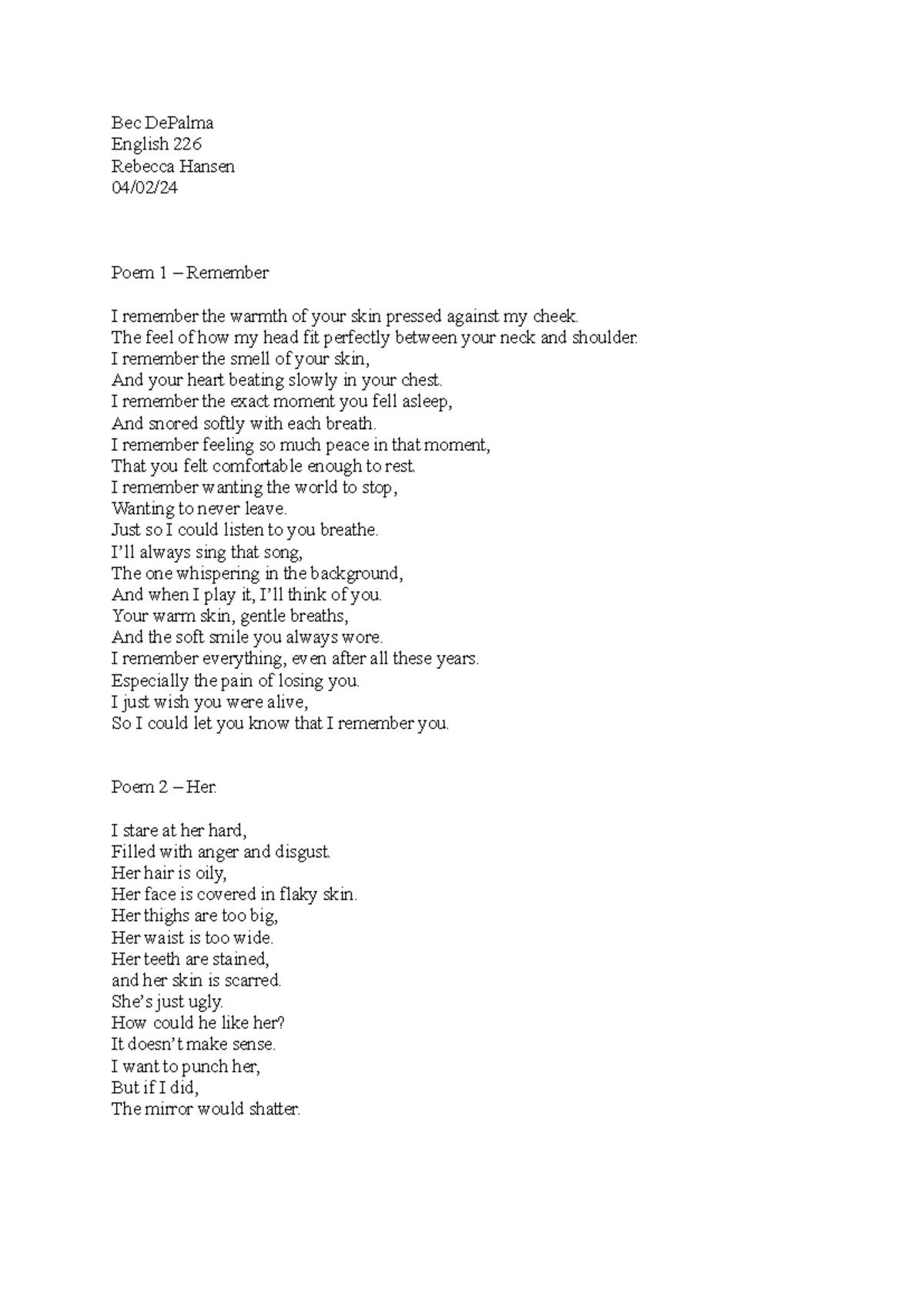 English 226 - Poetry Exploration: A Collection of Personal Poems - Studocu