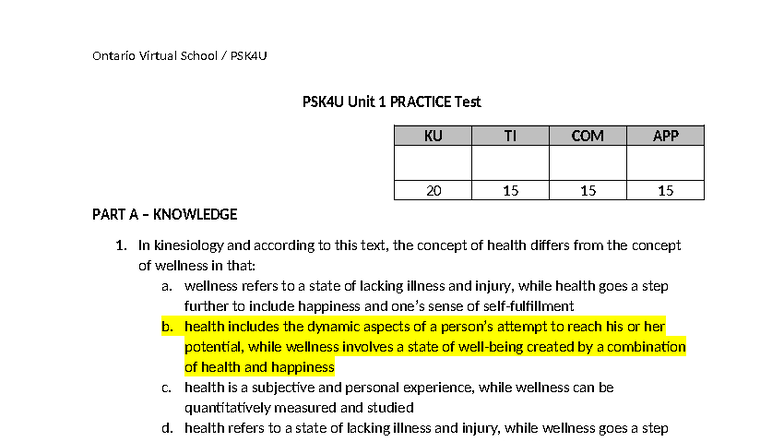 Ontario Virtual School PSK4U Unit 1 Practice Test Answers - Studocu