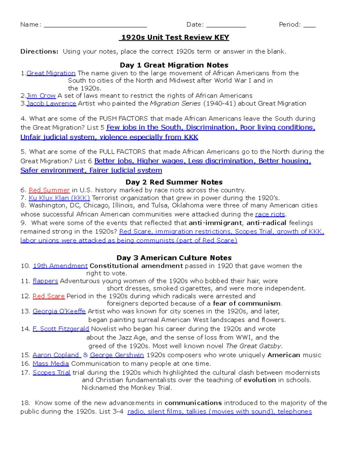 1920s Unit Test Review KEY for American History Class - Studocu