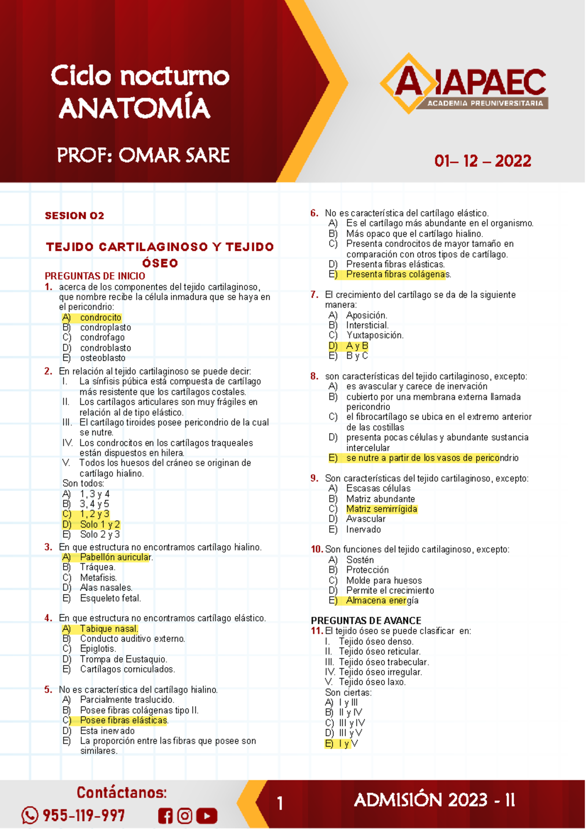 02. Anatomía - Tejidos Cartilaginosos y Óseos - Ayuda Admisión 2023 II ...