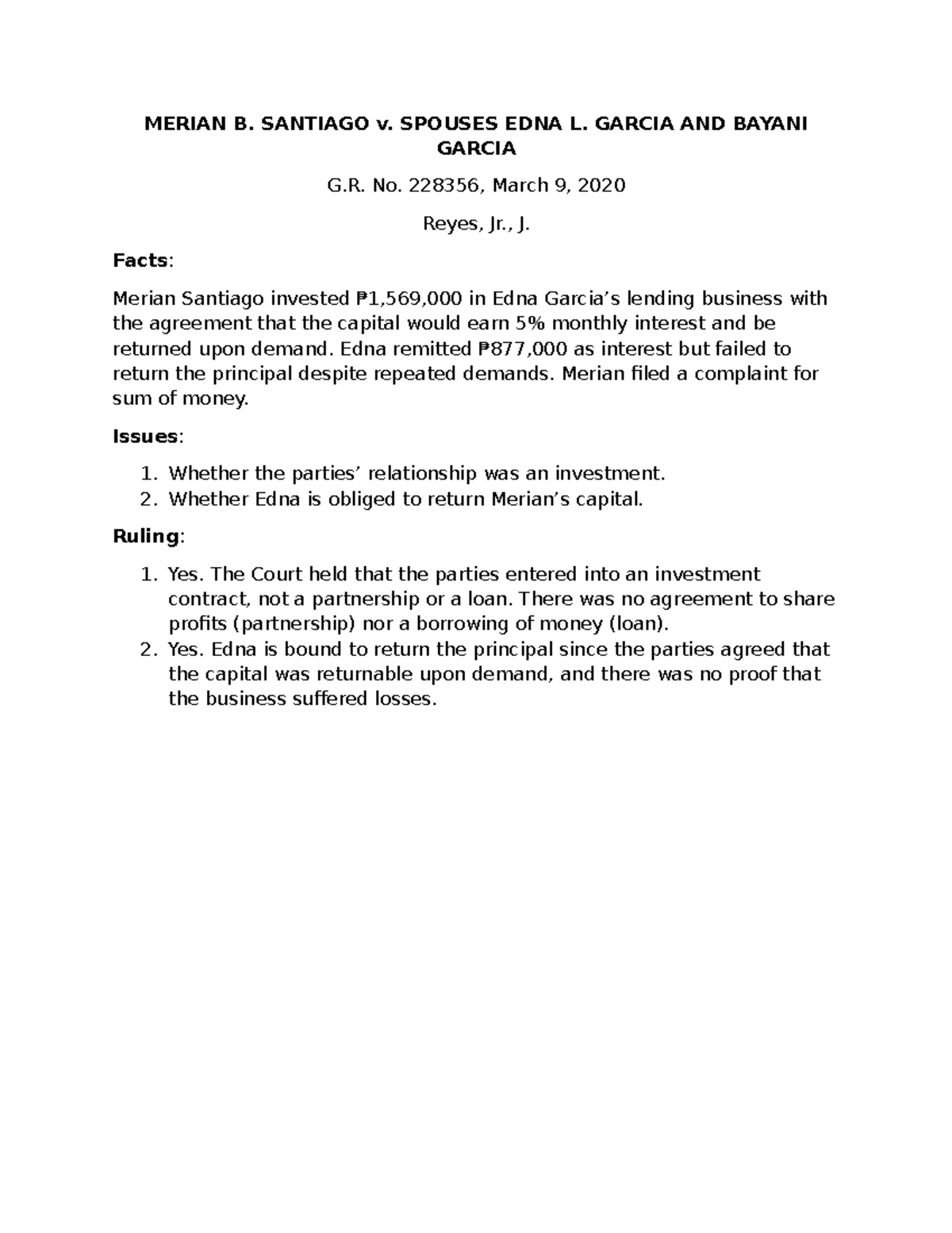 G.R. No. 228356: Merian B. Santiago v. Spouses Garcia - Investment Case ...