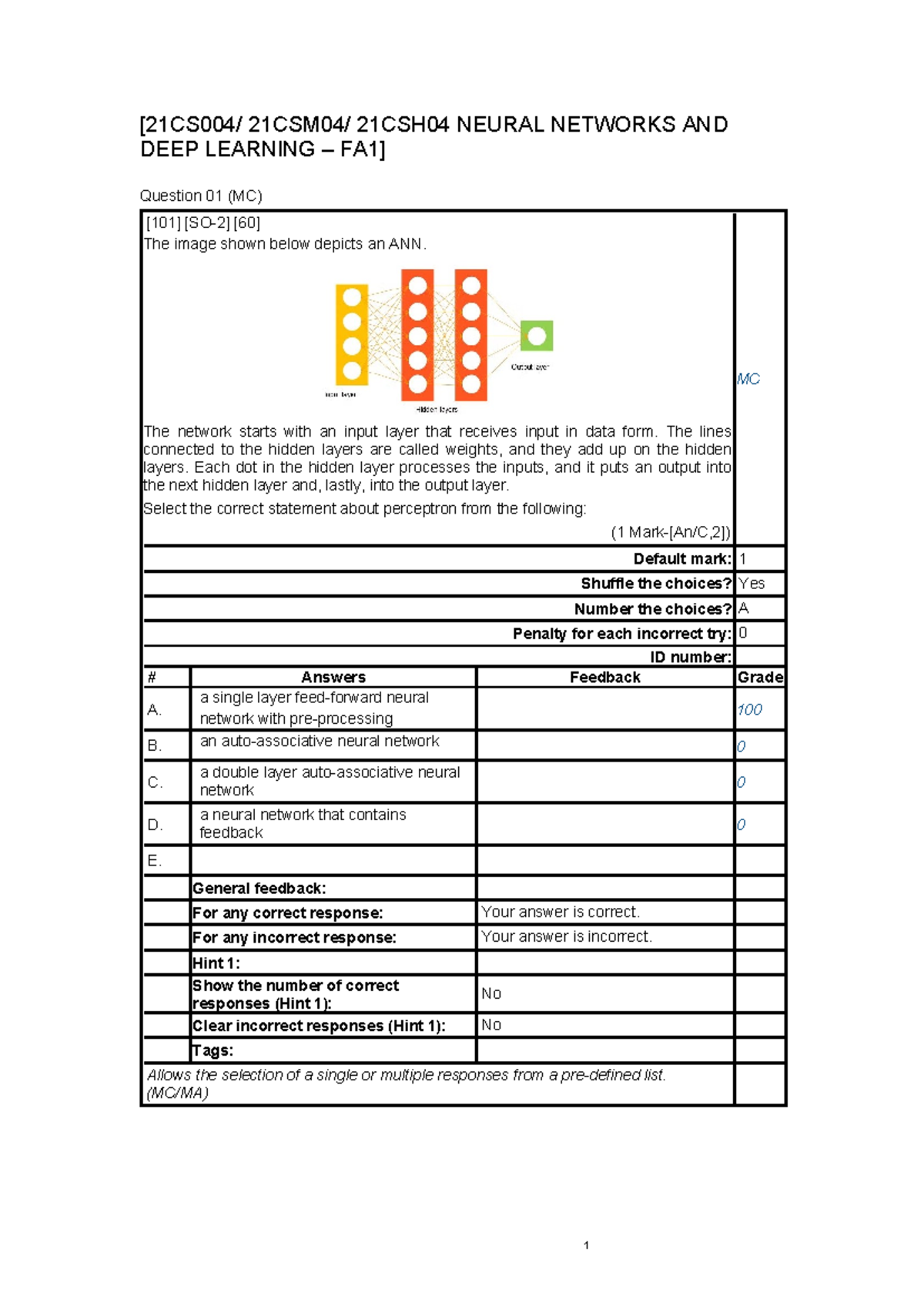 21CSH04 NEURAL NETWORKS AND DEEP LEARNING MCQ Questions and Answers ...